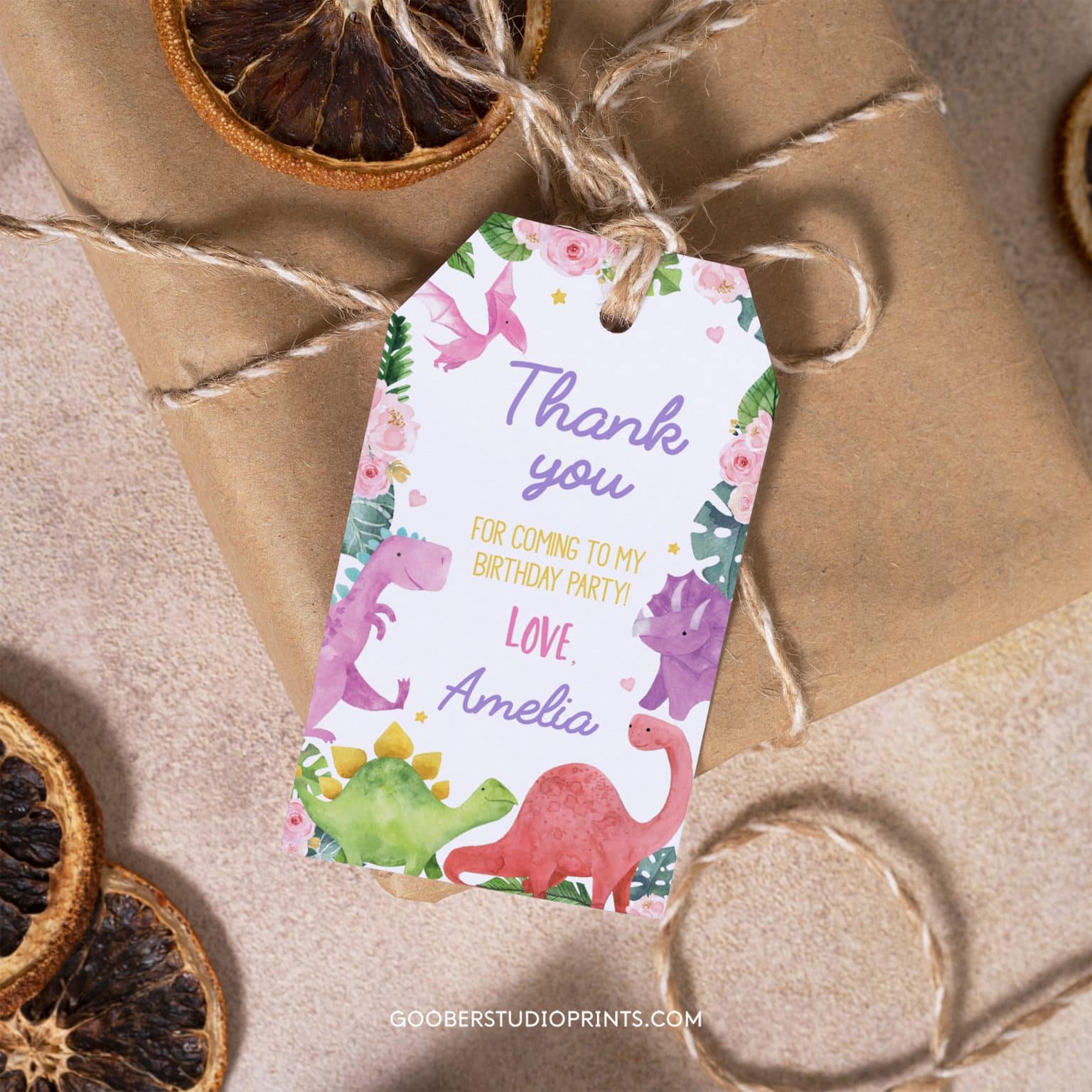 Dinosaur Birthday Thank You Tag - Goober Studio Prints