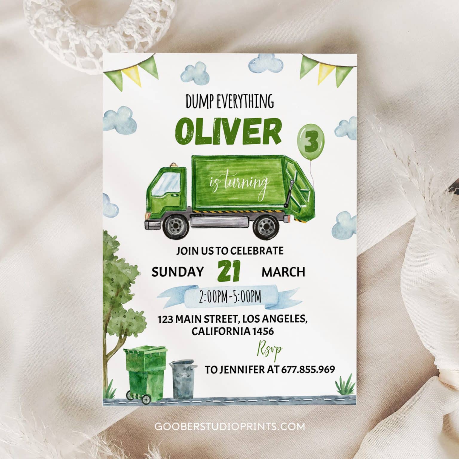 Garbage Truck Birthday Invitation - Goober Studio Prints