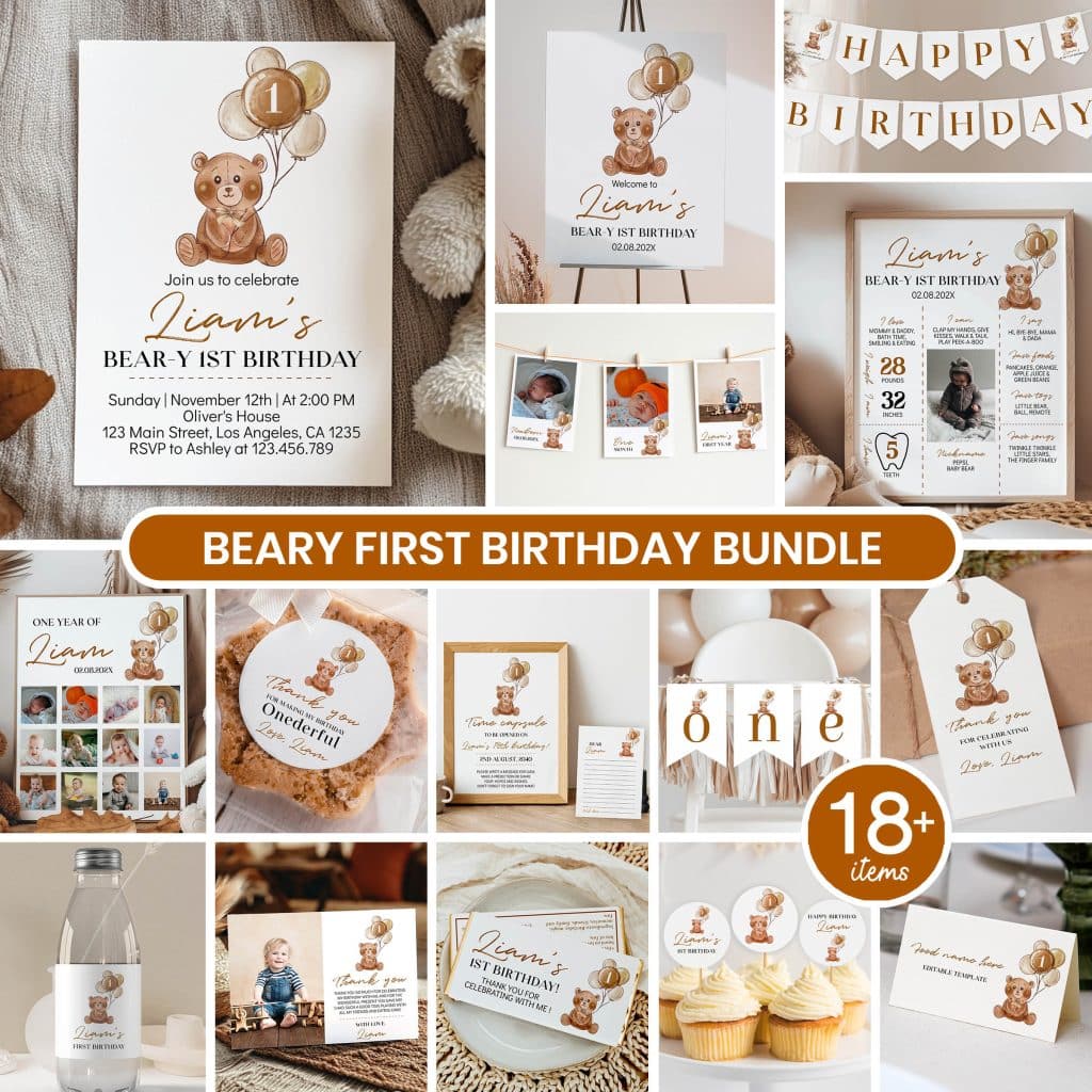 Teddy Bear Birthday Time Capsule Sign & Card - Goober Studio Prints