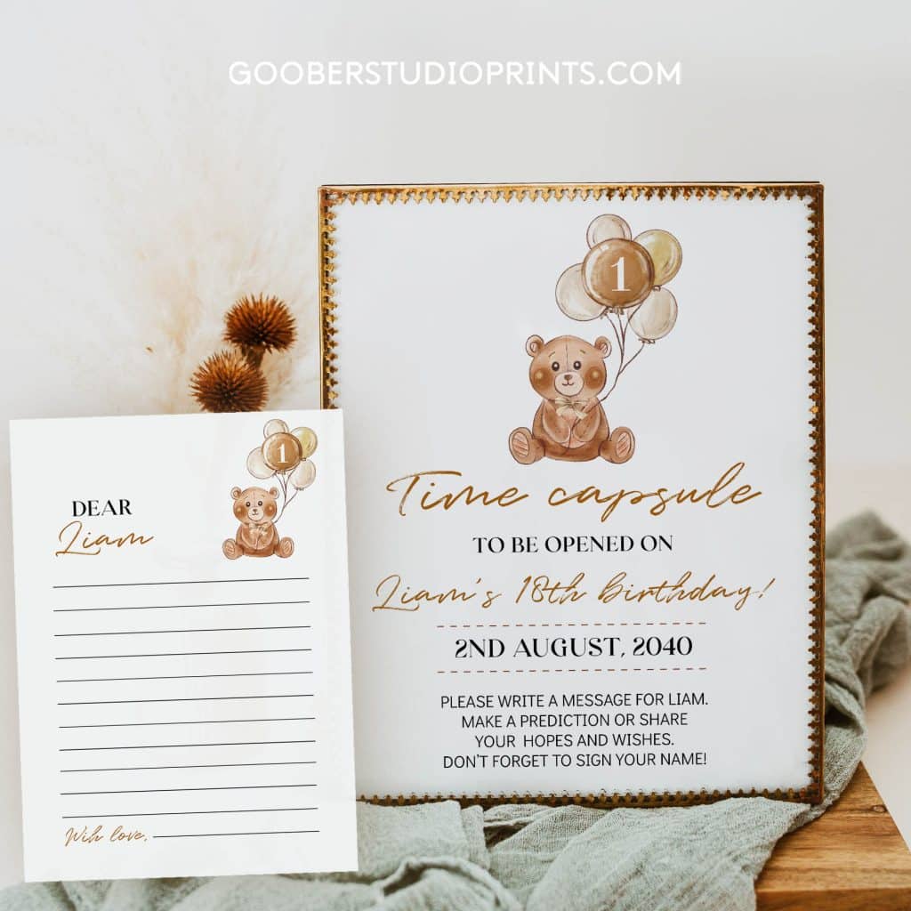 Teddy Bear Birthday Time Capsule Sign & Card - Goober Studio Prints