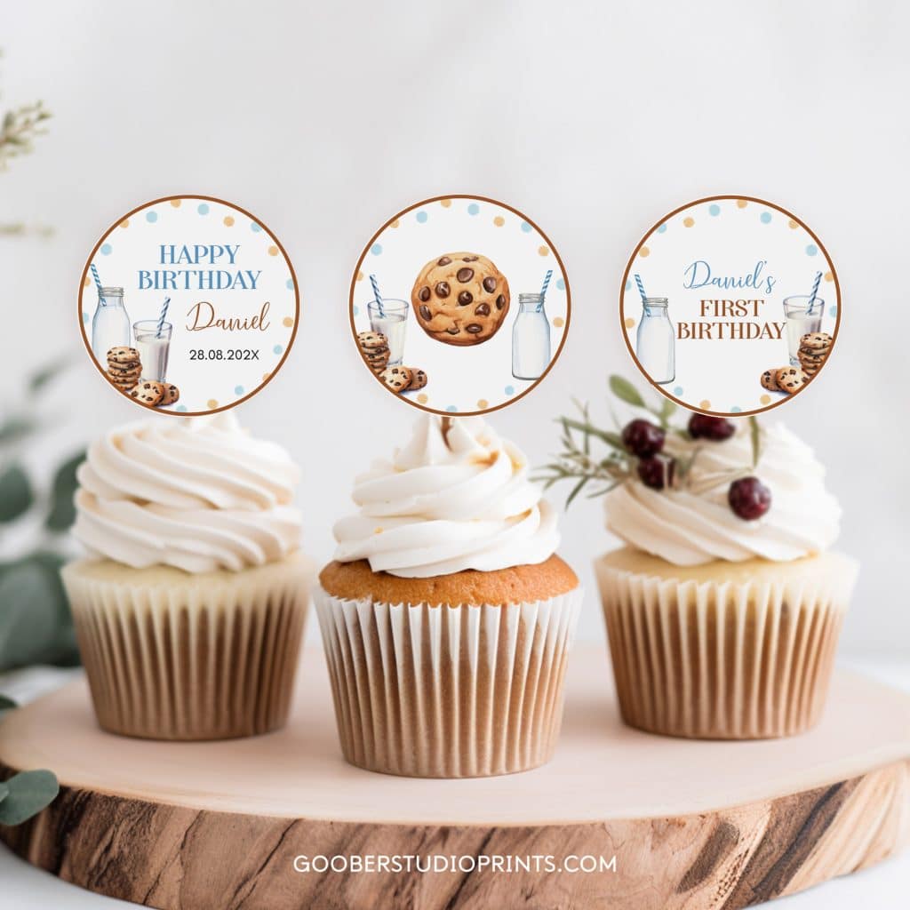 Milk and Cookies Birthday Cupcake Toppers - Goober Studio Prints