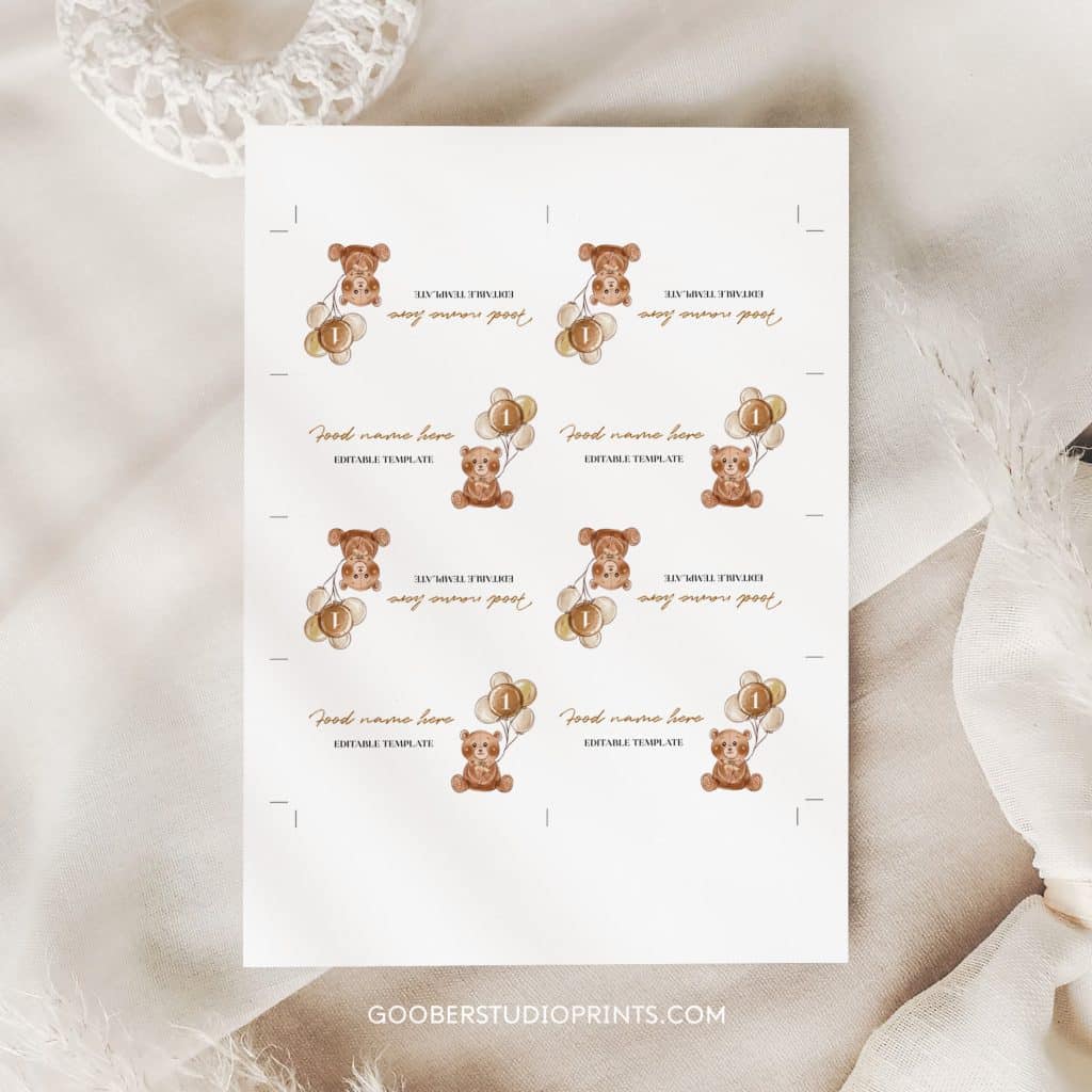 Teddy Bear Birthday Food Tent Cards - Goober Studio Prints