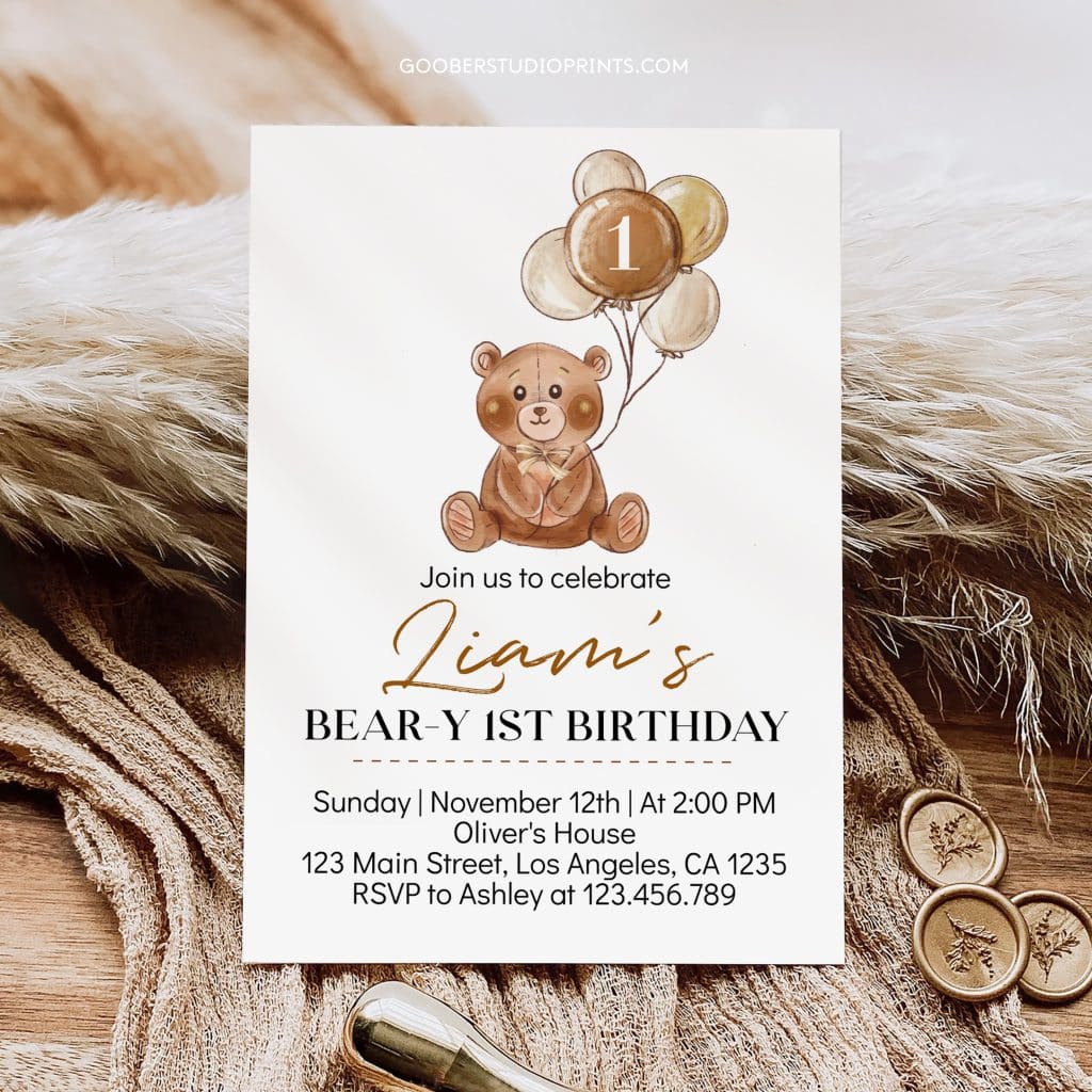 Teddy Bear First Birthday Invitation - Goober Studio Prints