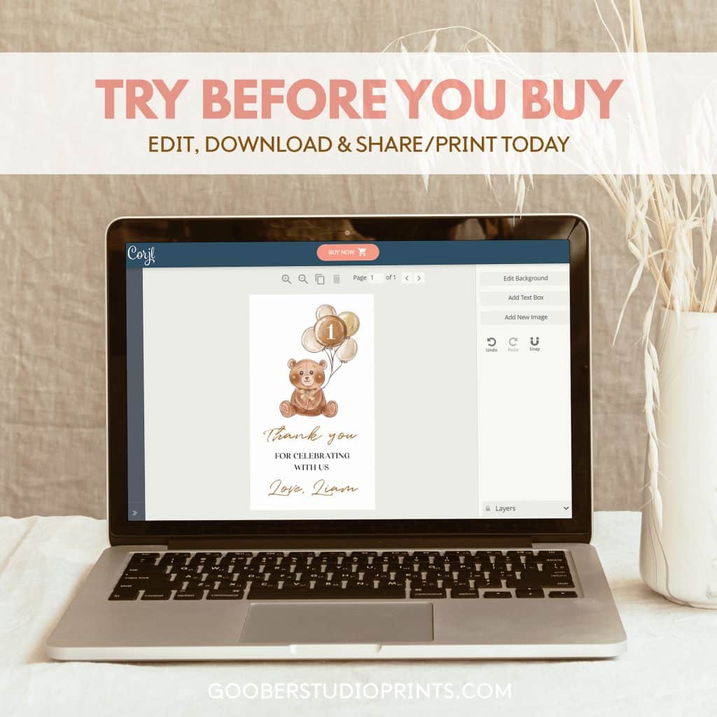 Teddy Bear Birthday Thank You Tag - Goober Studio Prints