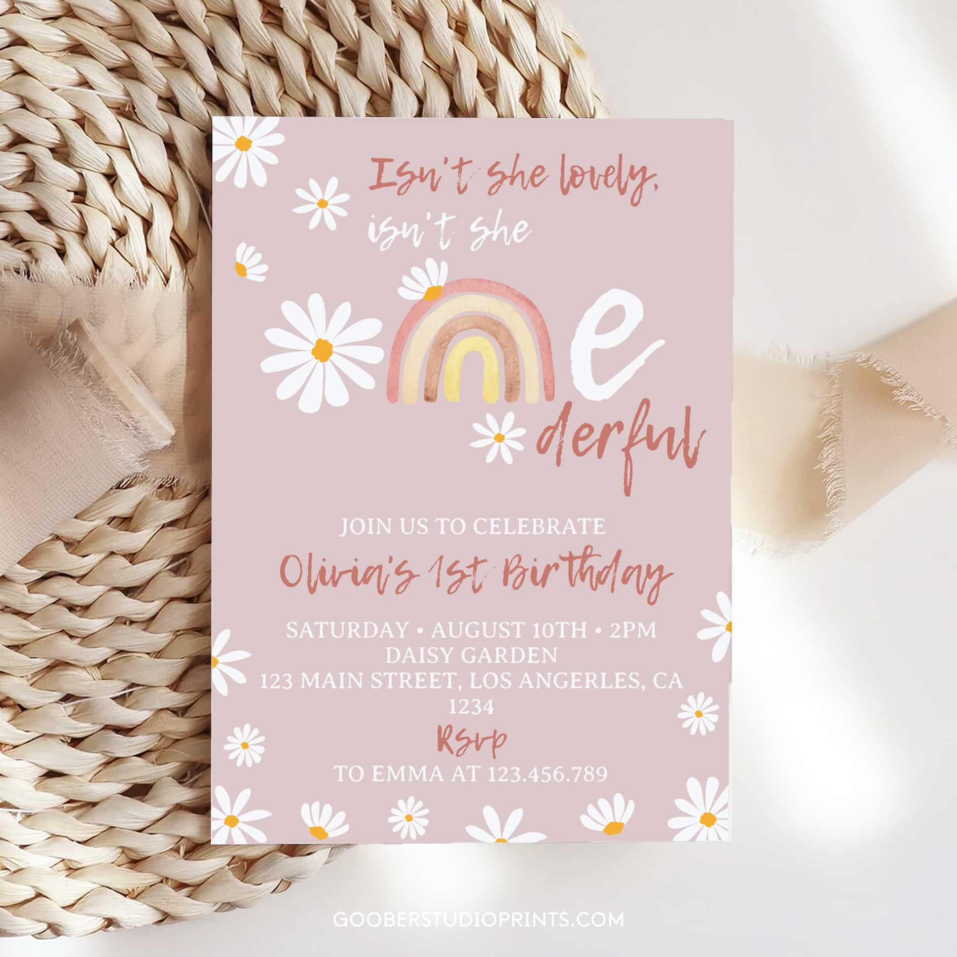 Daisy Rainbow Birthday Invitation - Goober Studio Prints