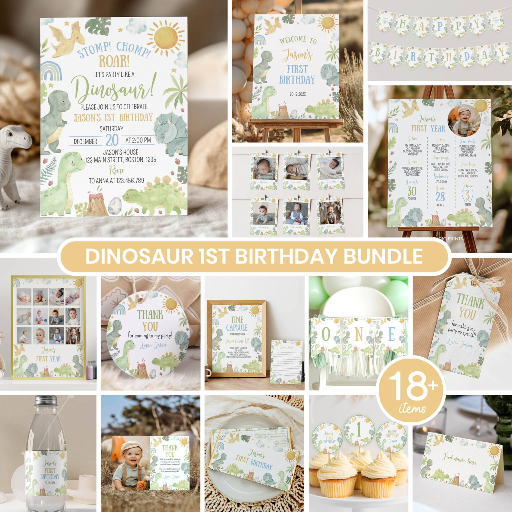 Cute Dinosaur Birthday Party Bundle - Goober Studio Prints