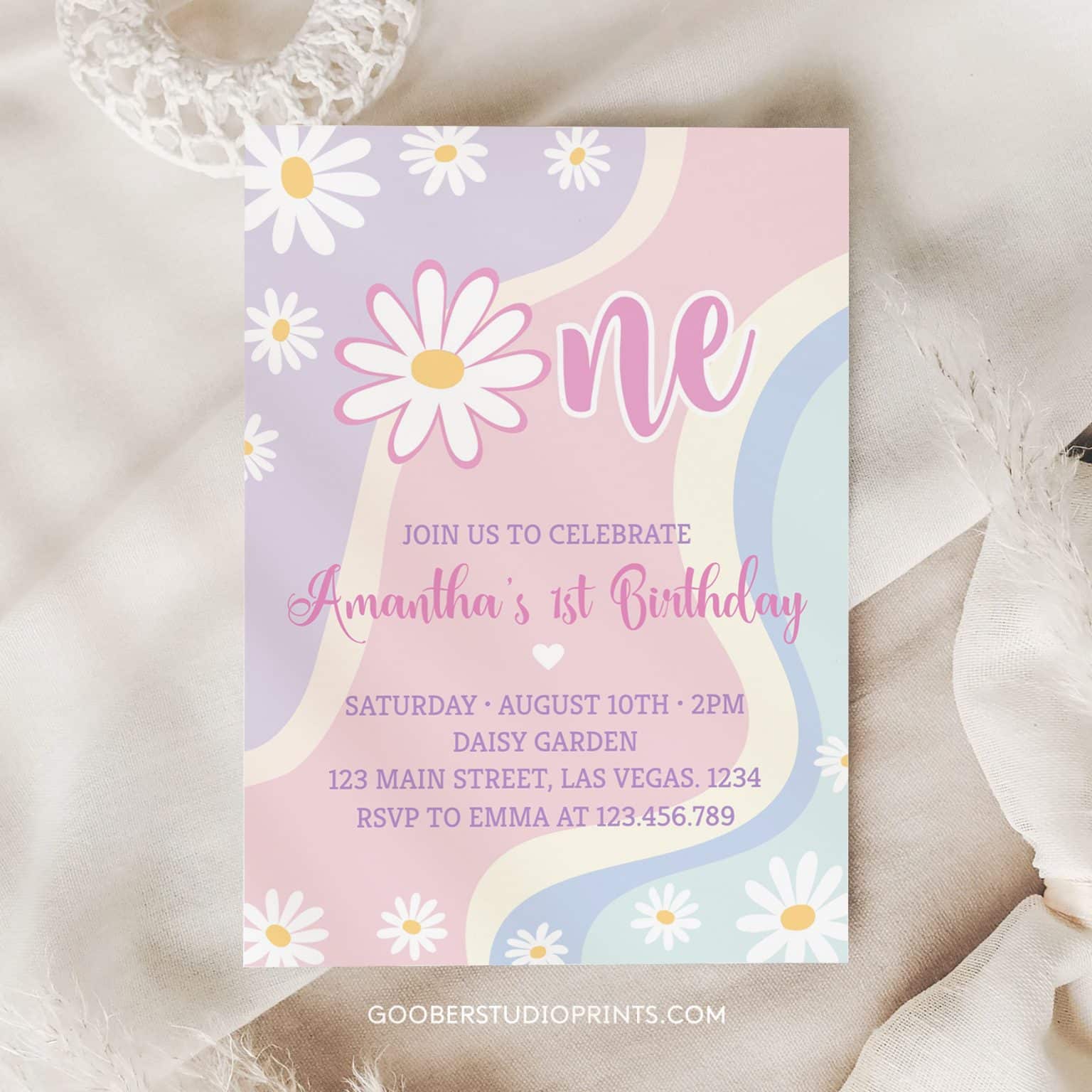 Pastel Daisy First Birthday Invitation - Goober Studio Prints