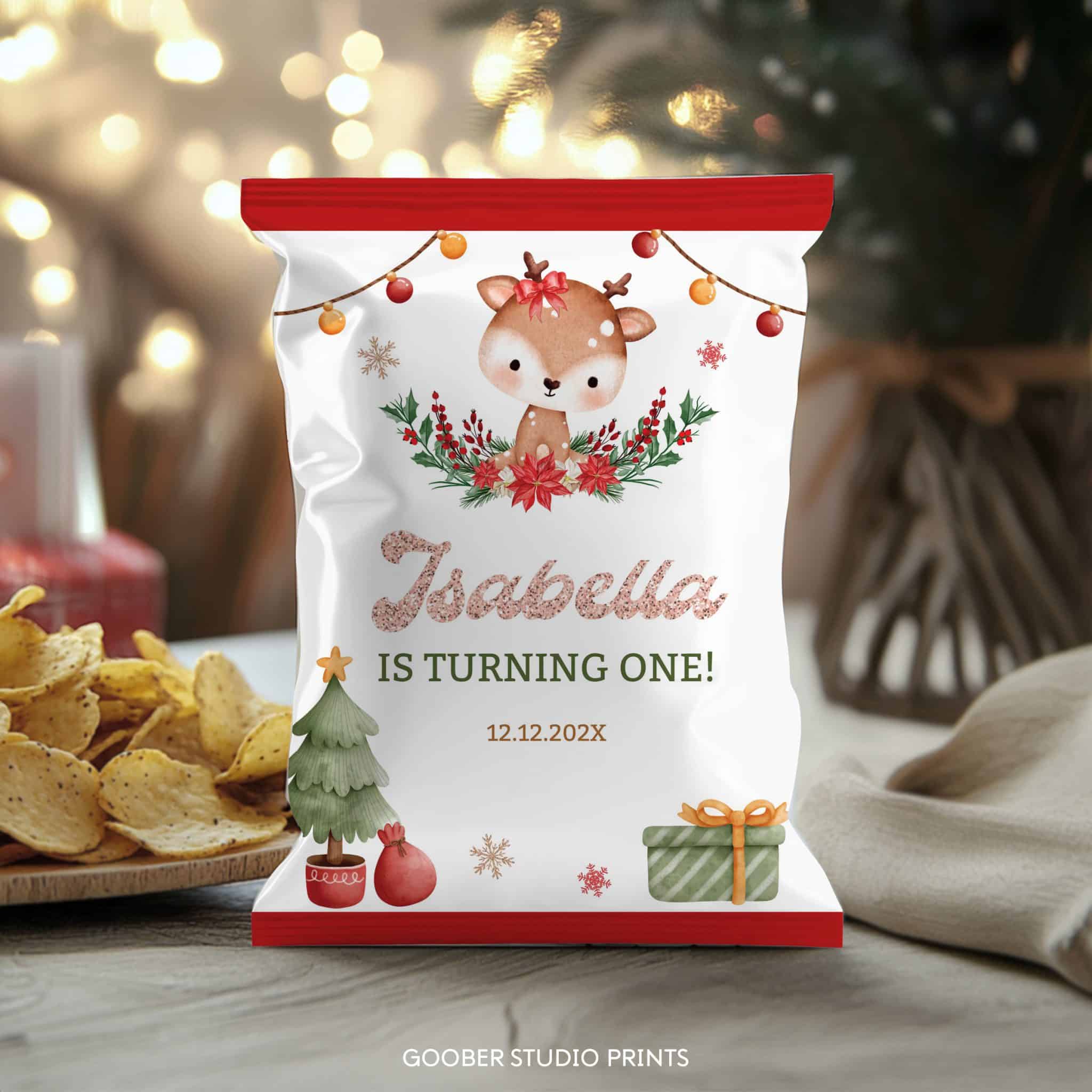 Reindeer Winter Birthday Chip Bags - Goober Studio Prints