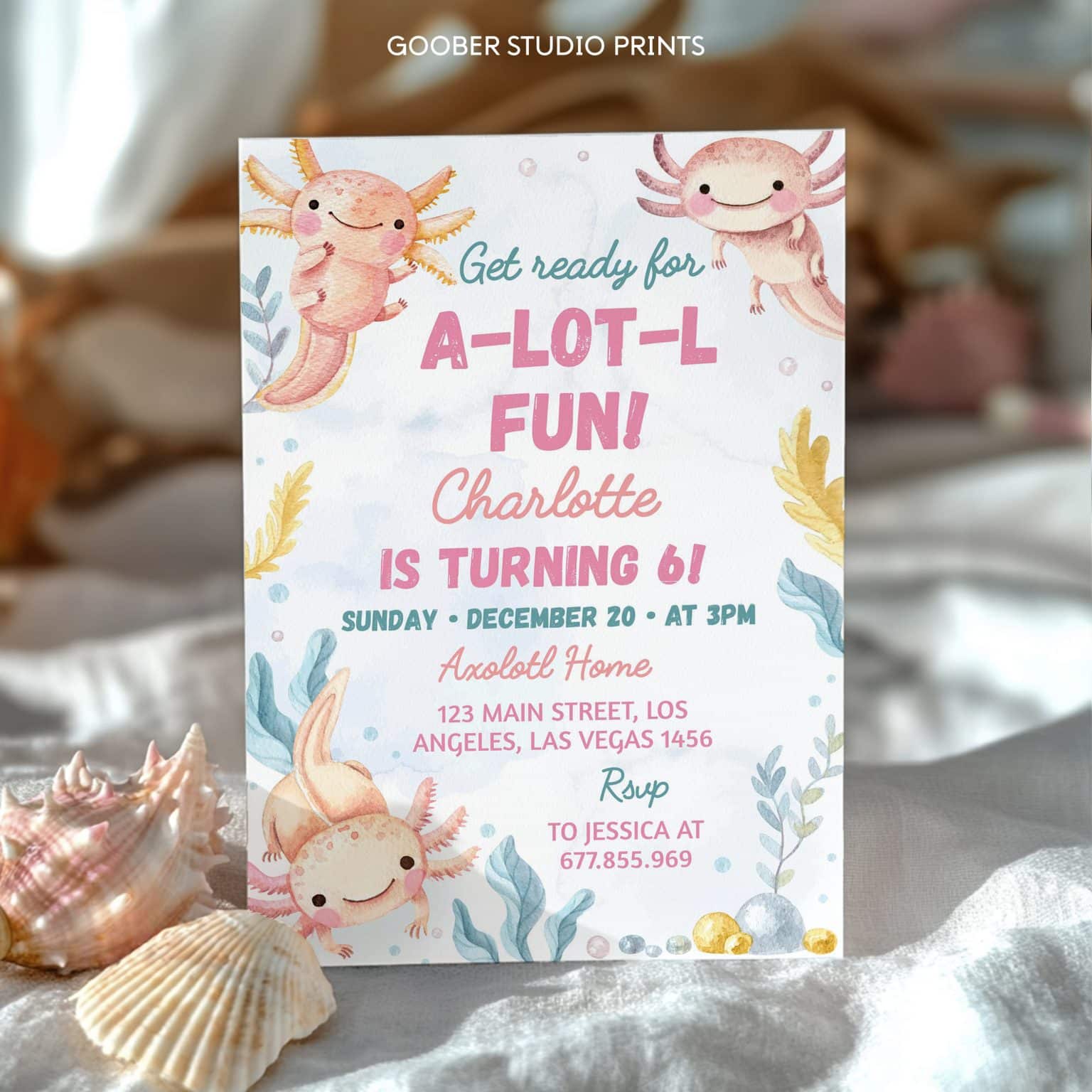 Axolotl Birthday Party Invitation - Goober Studio Prints
