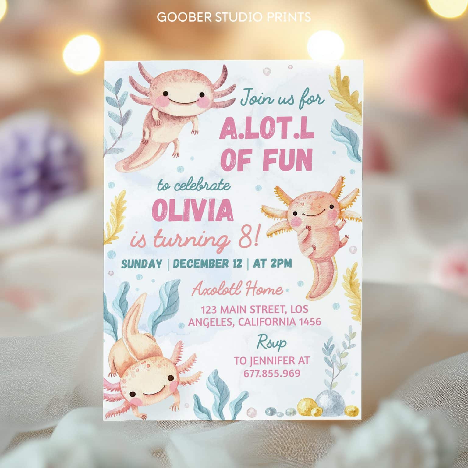 Axolotl Birthday Party Invitation - Goober Studio Prints