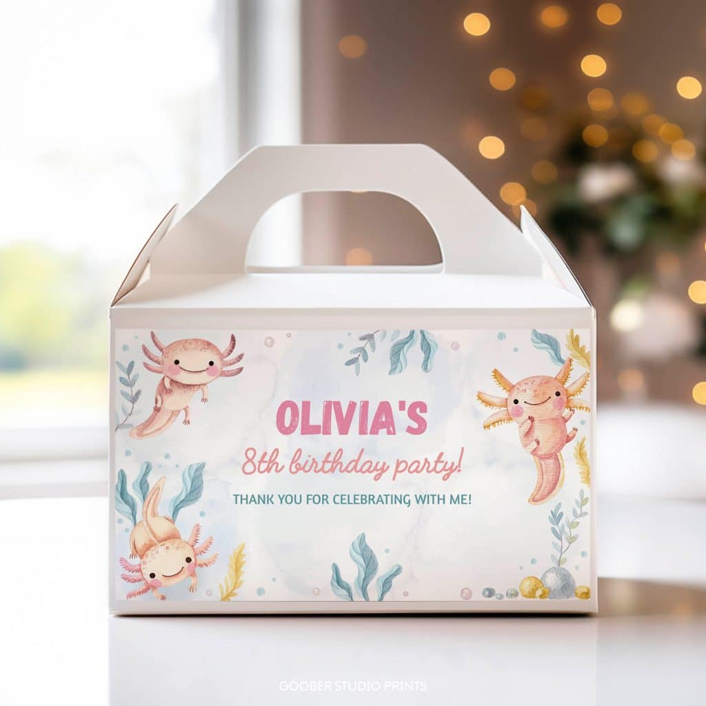 Axolotl Birthday Party Gable Box Label - Goober Studio Prints