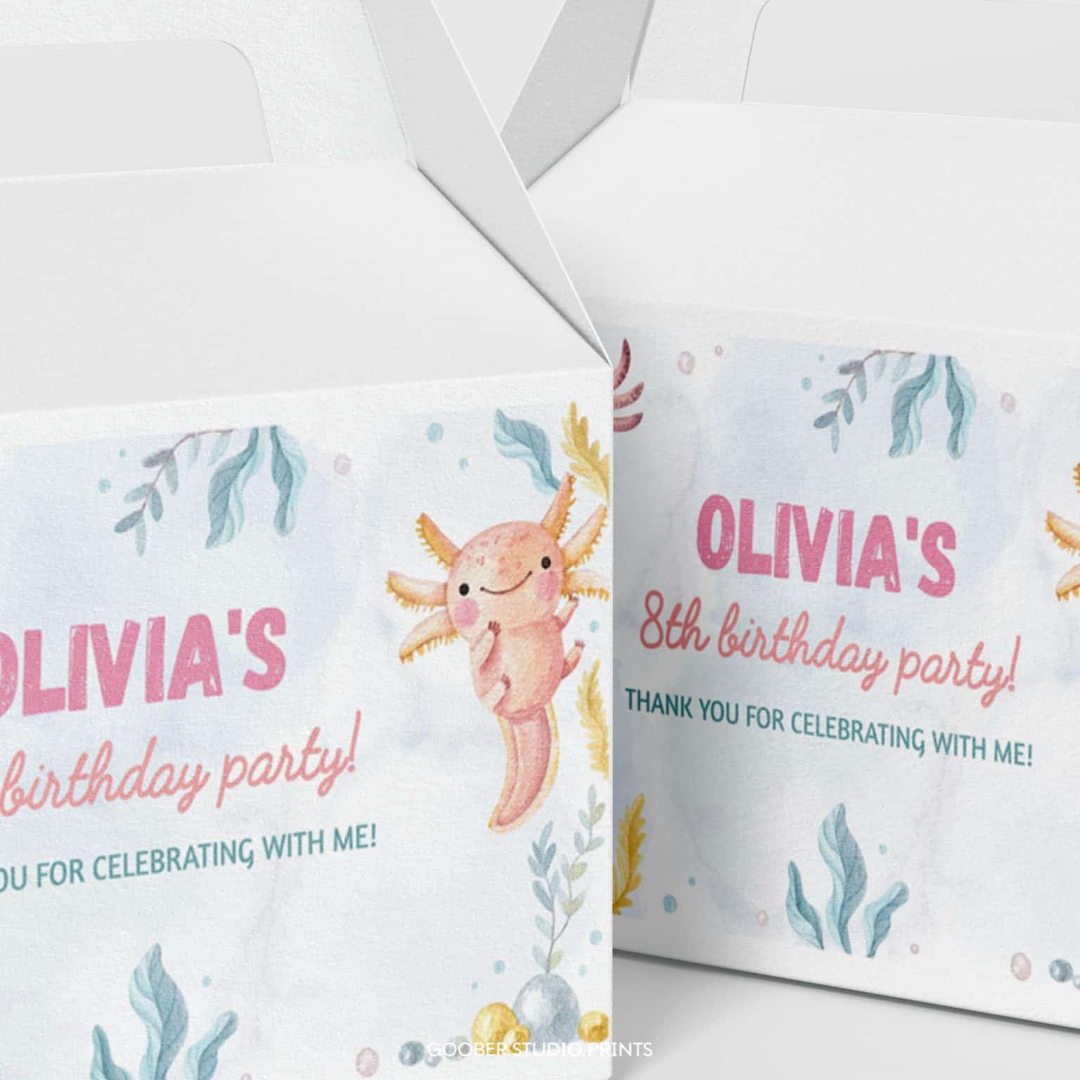 Axolotl Birthday Party Gable Box Label - Goober Studio Prints