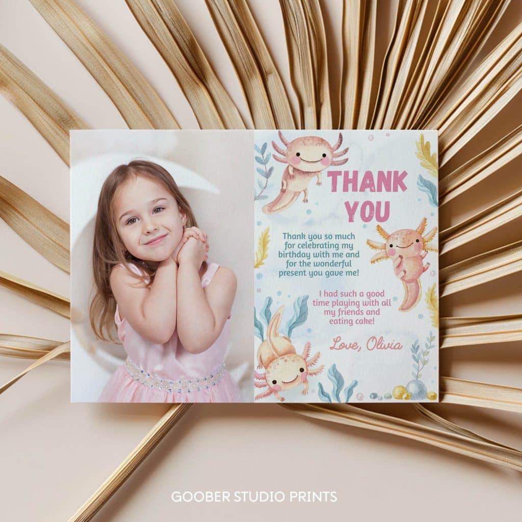 Axolotl Birthday Party Thank You Card - Goober Studio Prints