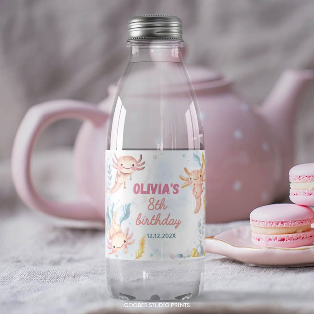 Axolotl Birthday Party Water Bottle Label - Goober Studio Prints