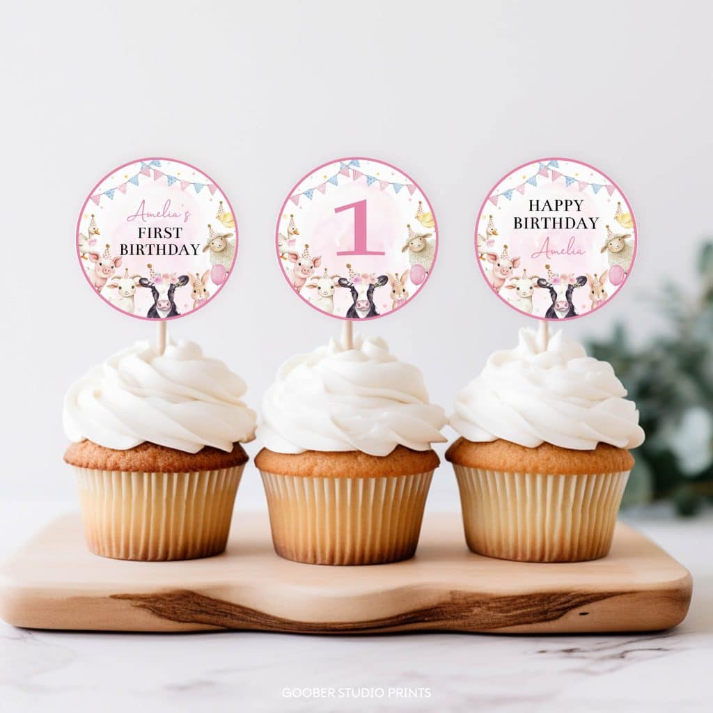 Farm Animals Birthday Party Cupcake Toppers - Goober Studio Prints
