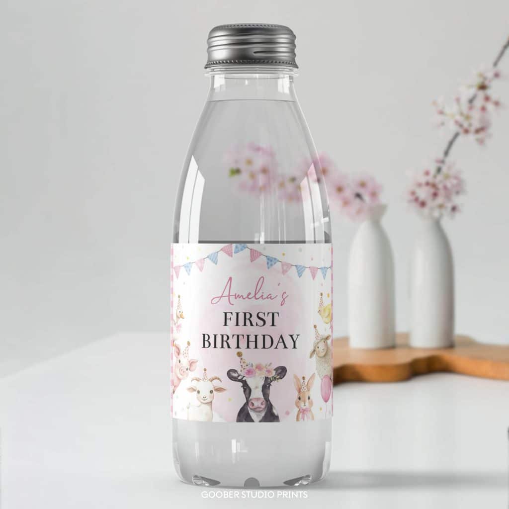 Farm Animals Birthday Party Water Bottle Label - Goober Studio Prints