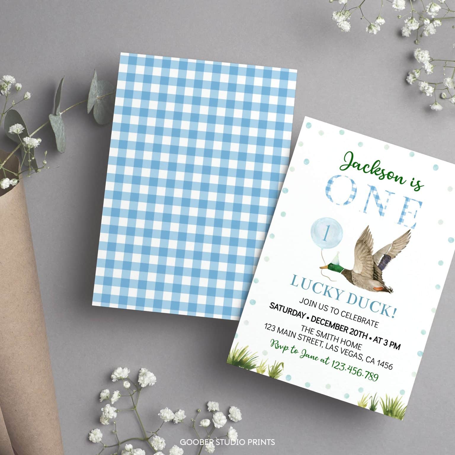 One Lucky Mallard Duck Birthday Invitation - Goober Studio Prints