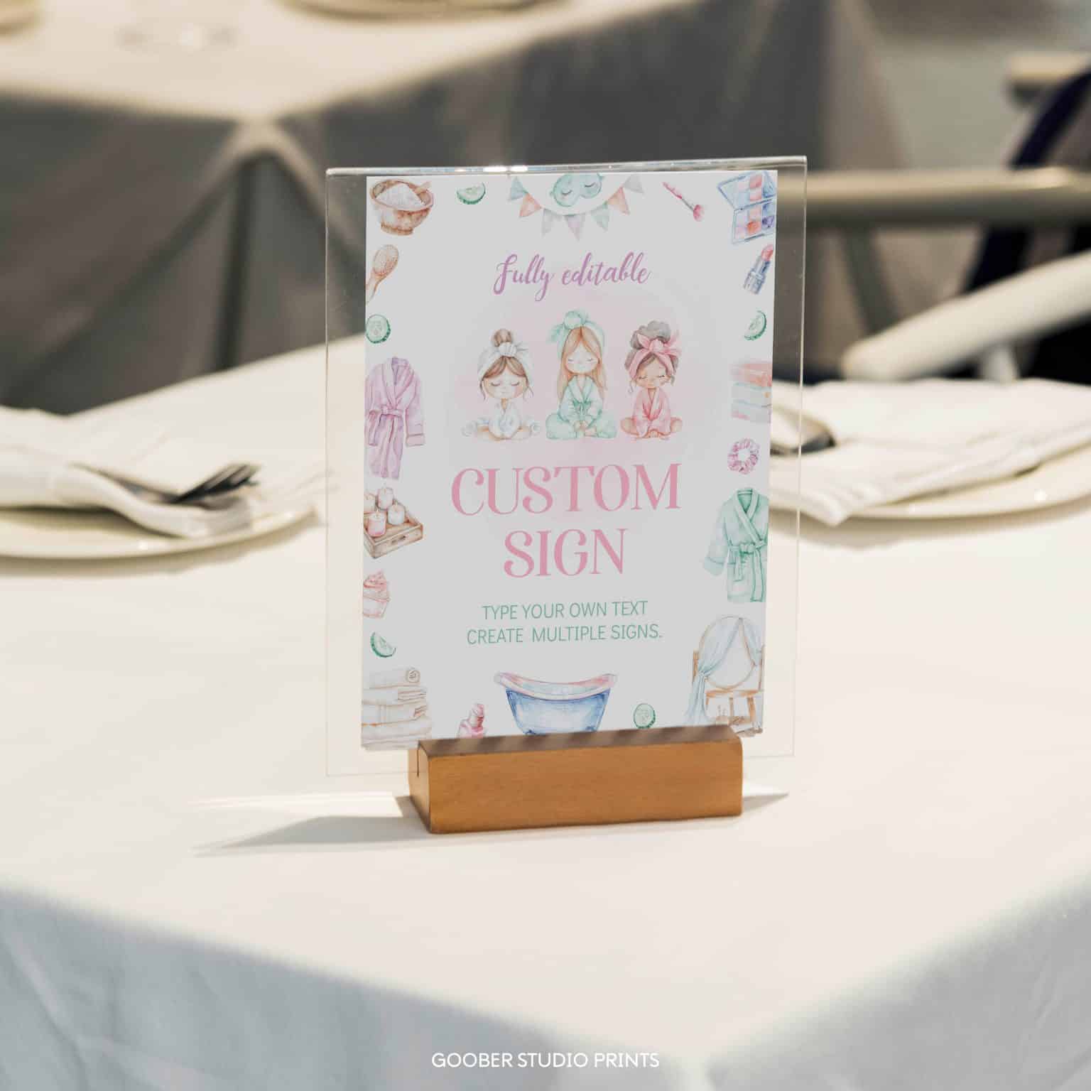 Spa Birthday Party Custom Table Sign - Goober Studio Prints