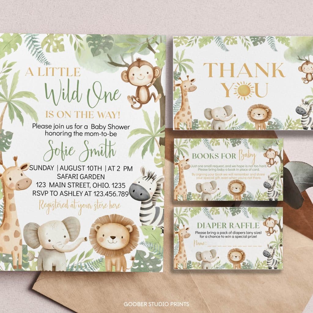Safari Wild One Baby Shower Invitation Set - Goober Studio Prints