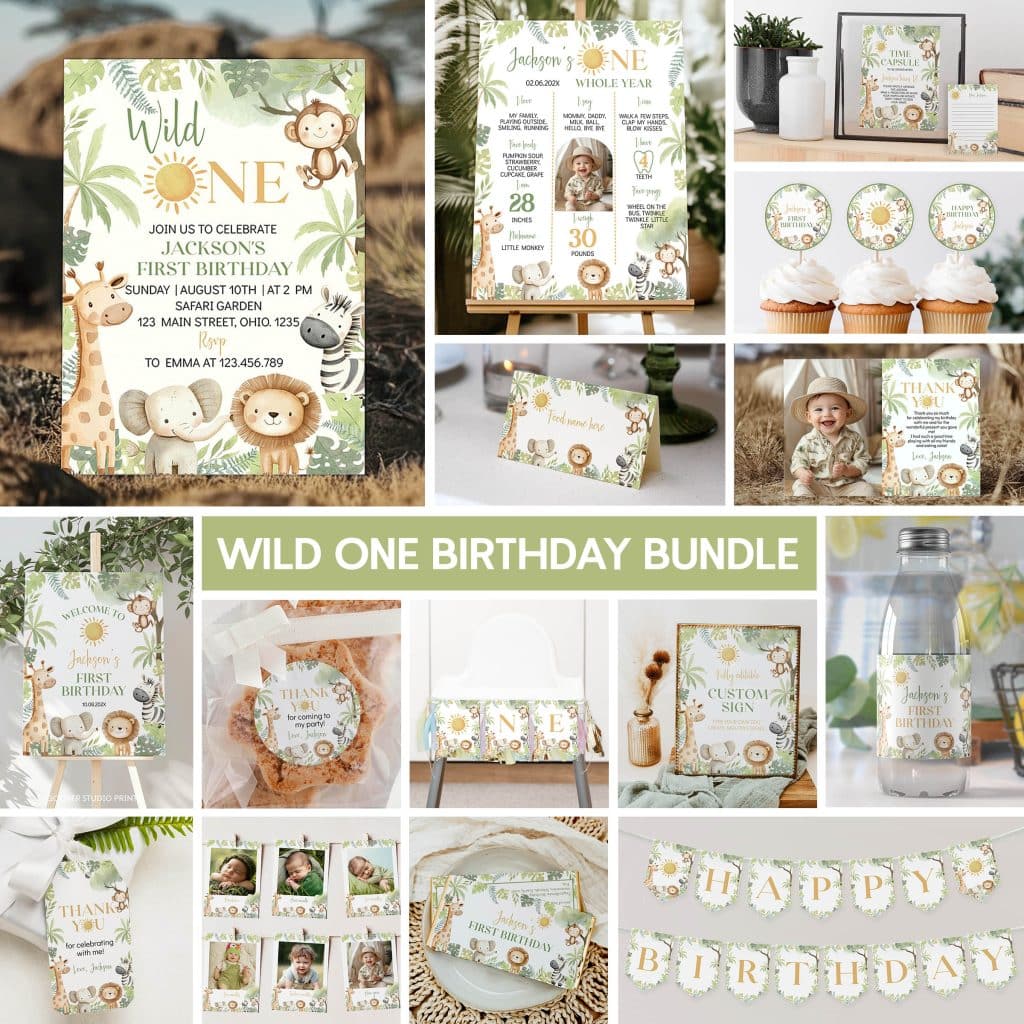 Wild One Jungle Safari Animals Birthday Party Bundle - Goober Studio Prints