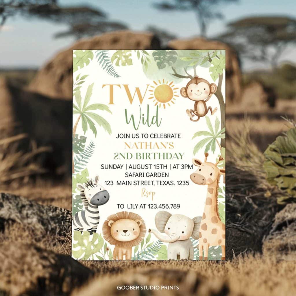 Safari Two Wild 2nd Birthday Invitation - Goober Studio Prints