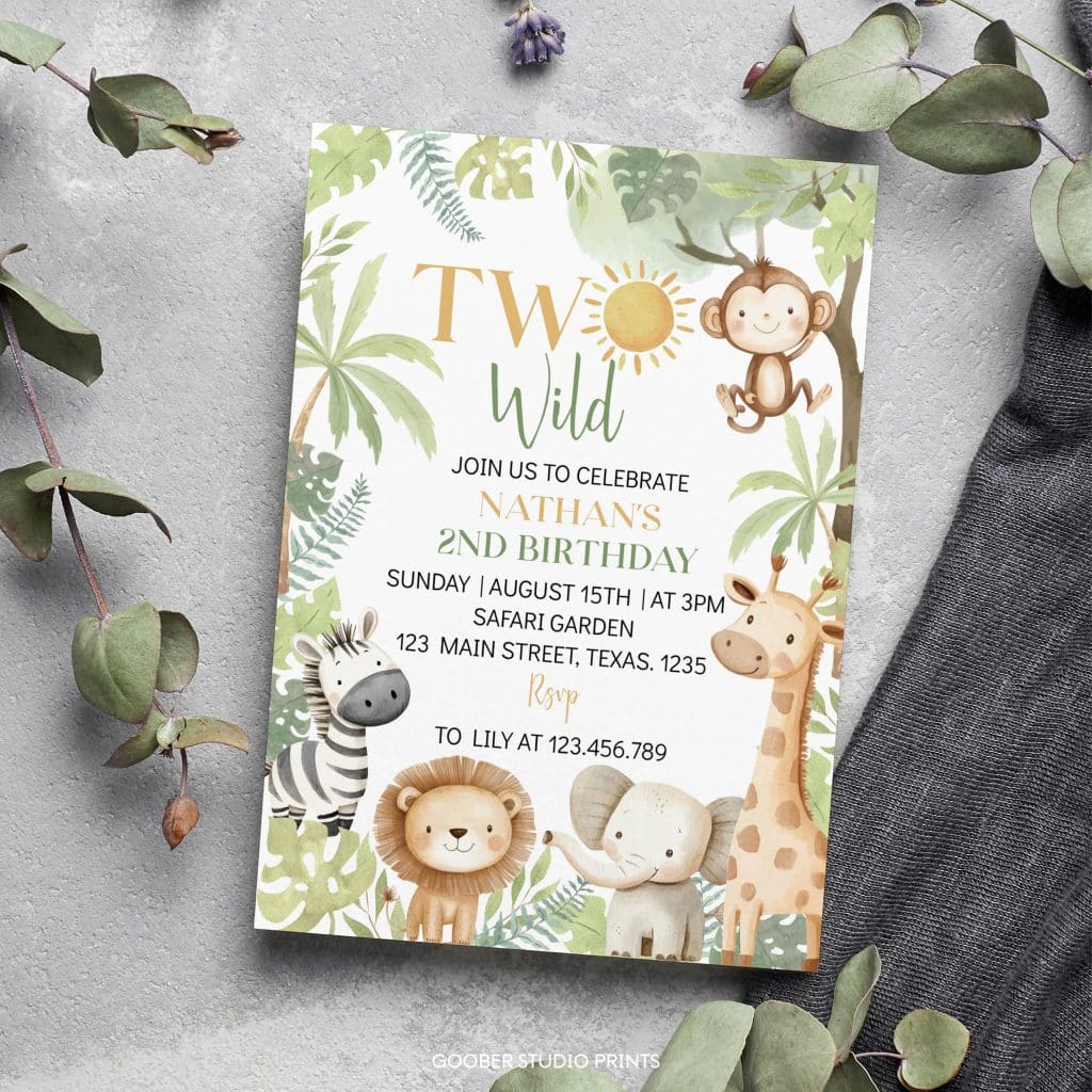 Safari Two Wild 2nd Birthday Invitation - Goober Studio Prints