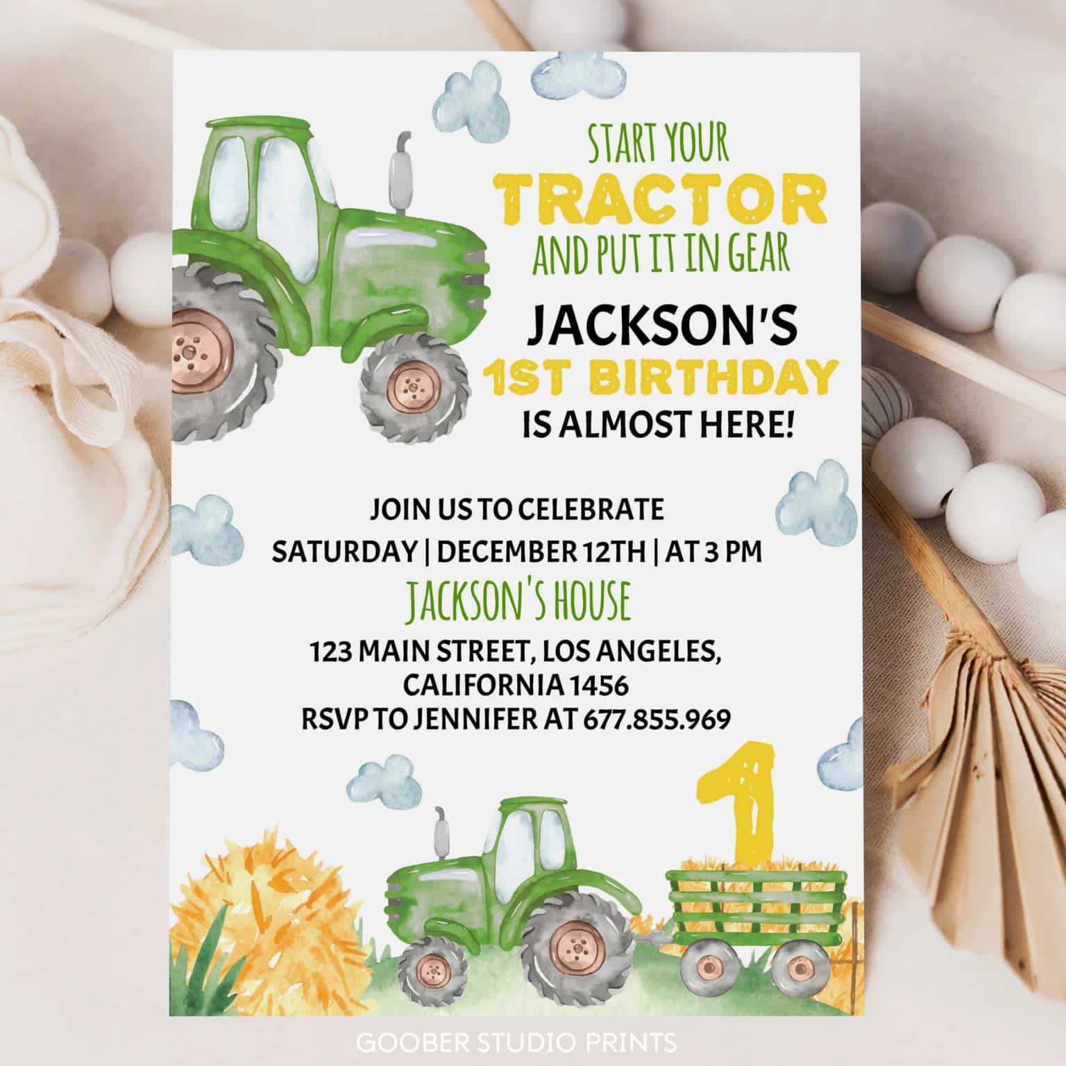 Tractor First Birthday Invitation - Goober Studio Prints