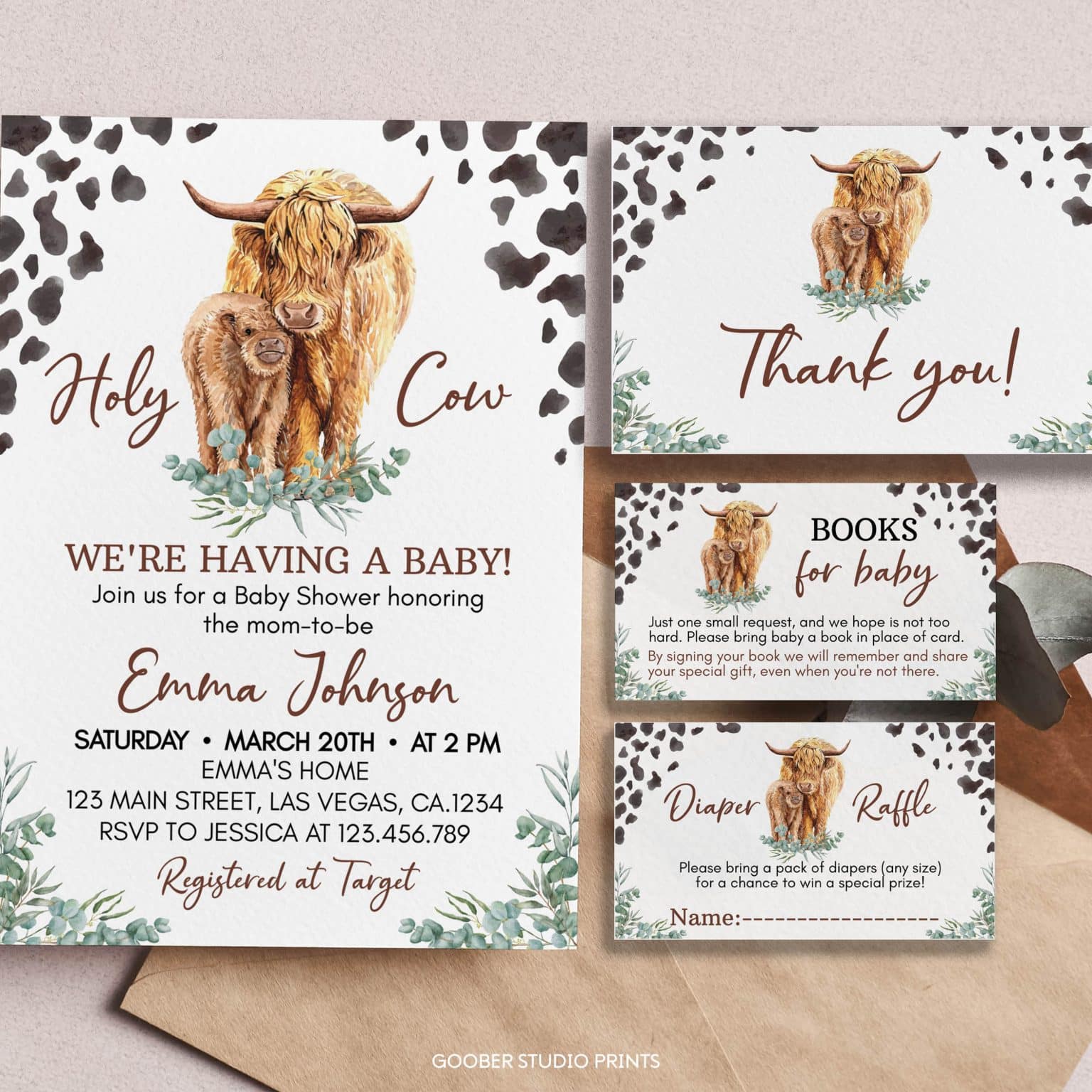 Highland Cow Baby Shower Invitation Set - Goober Studio Prints