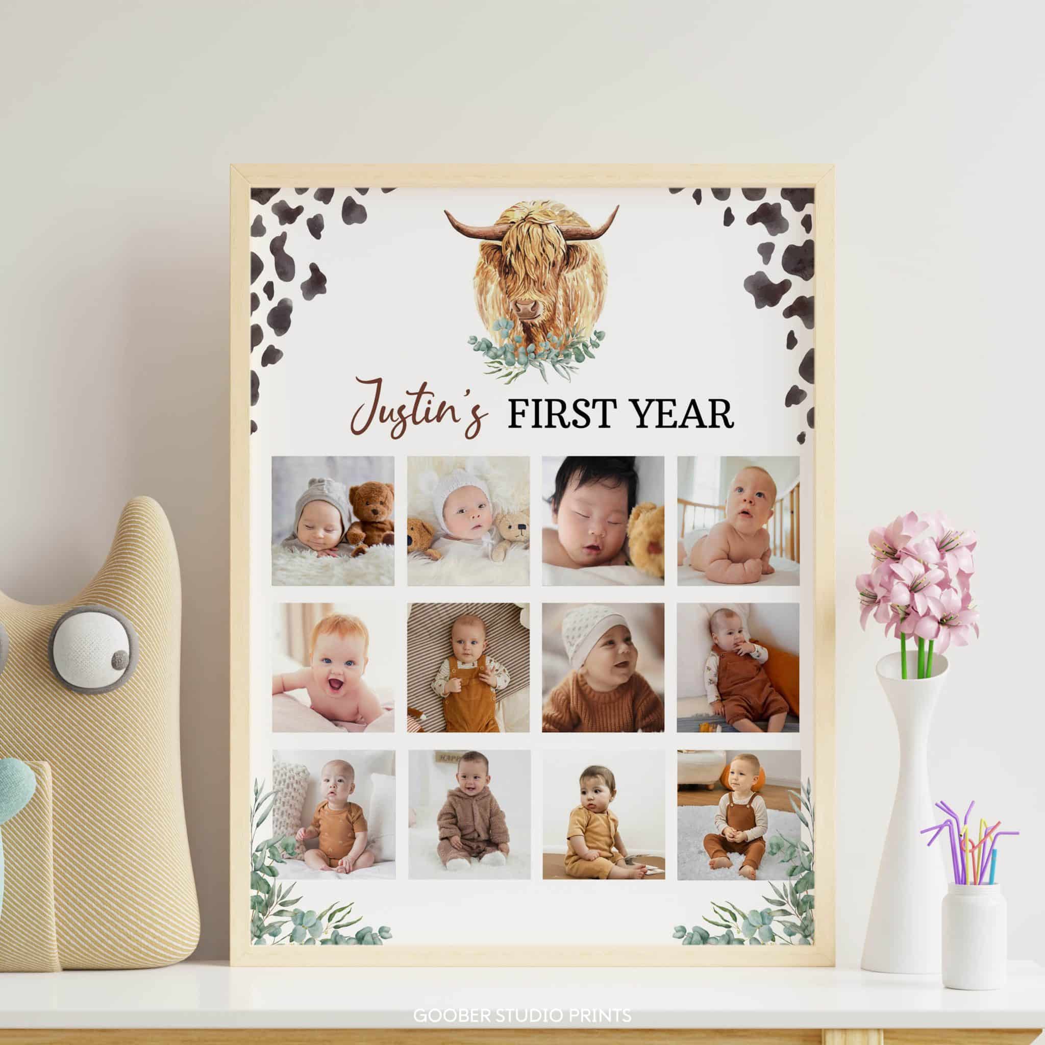 Highland Cow Birthday Milestone Photo Collage - Goober Studio Prints