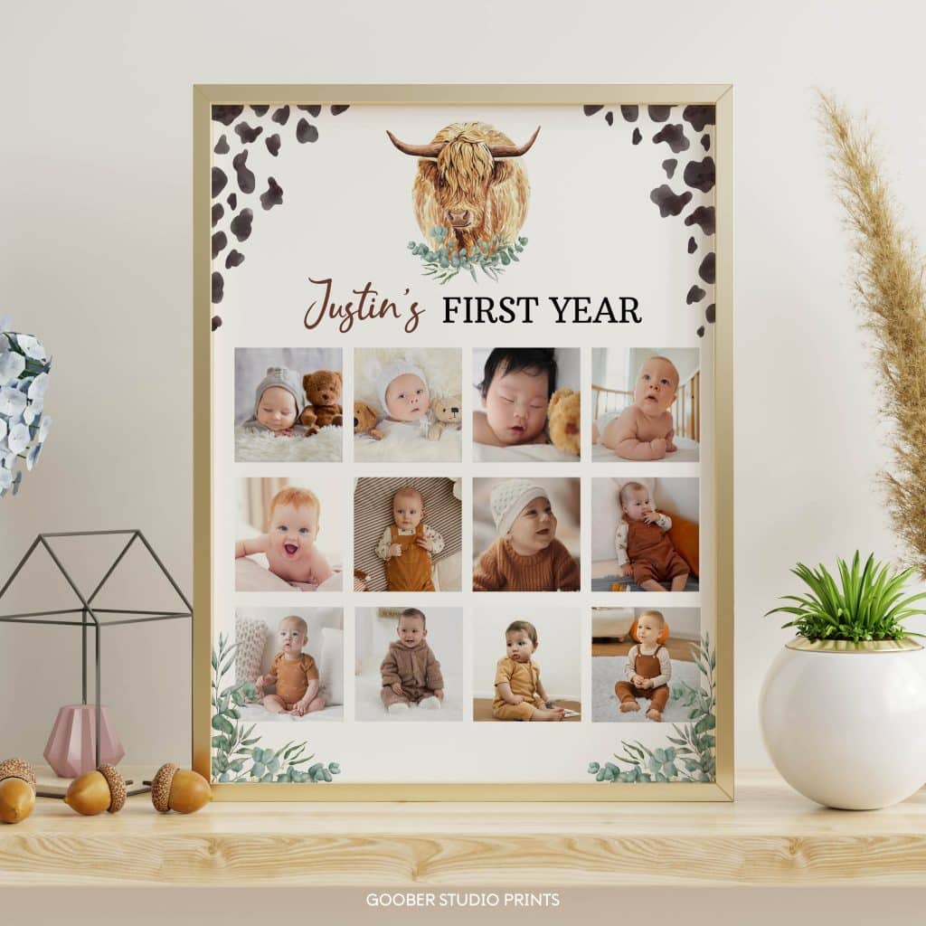 Highland Cow Birthday Milestone Photo Collage - Goober Studio Prints