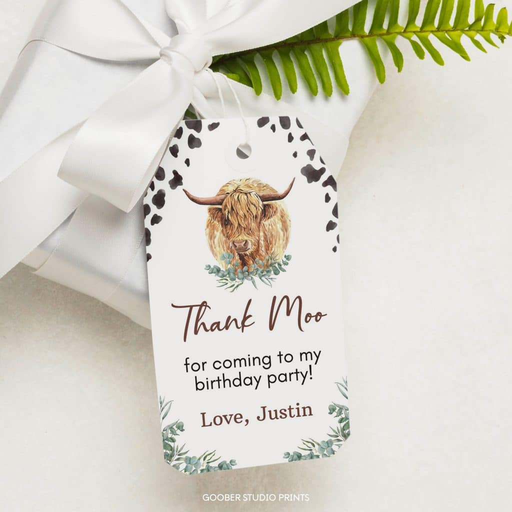 Highland Cow Birthday Thank You Tag - Goober Studio Prints