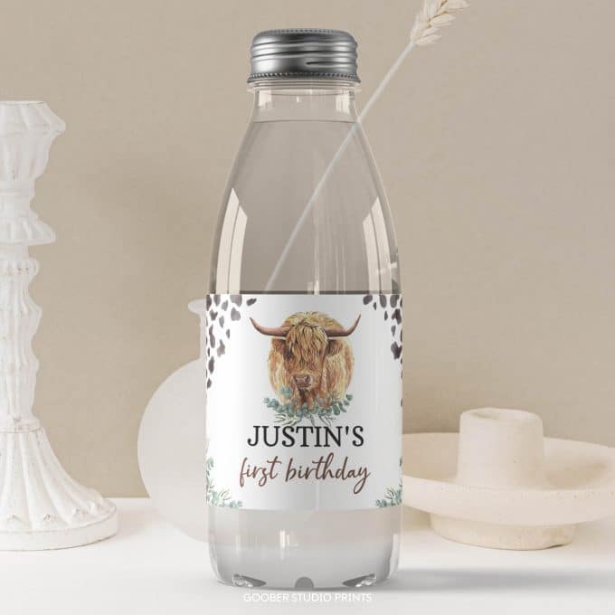 Highland Cow Birthday Water Bottle Label - Goober Studio Prints