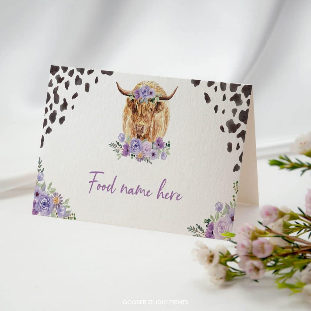 Highland Cow Birthday Food Tent Cards - Goober Studio Prints