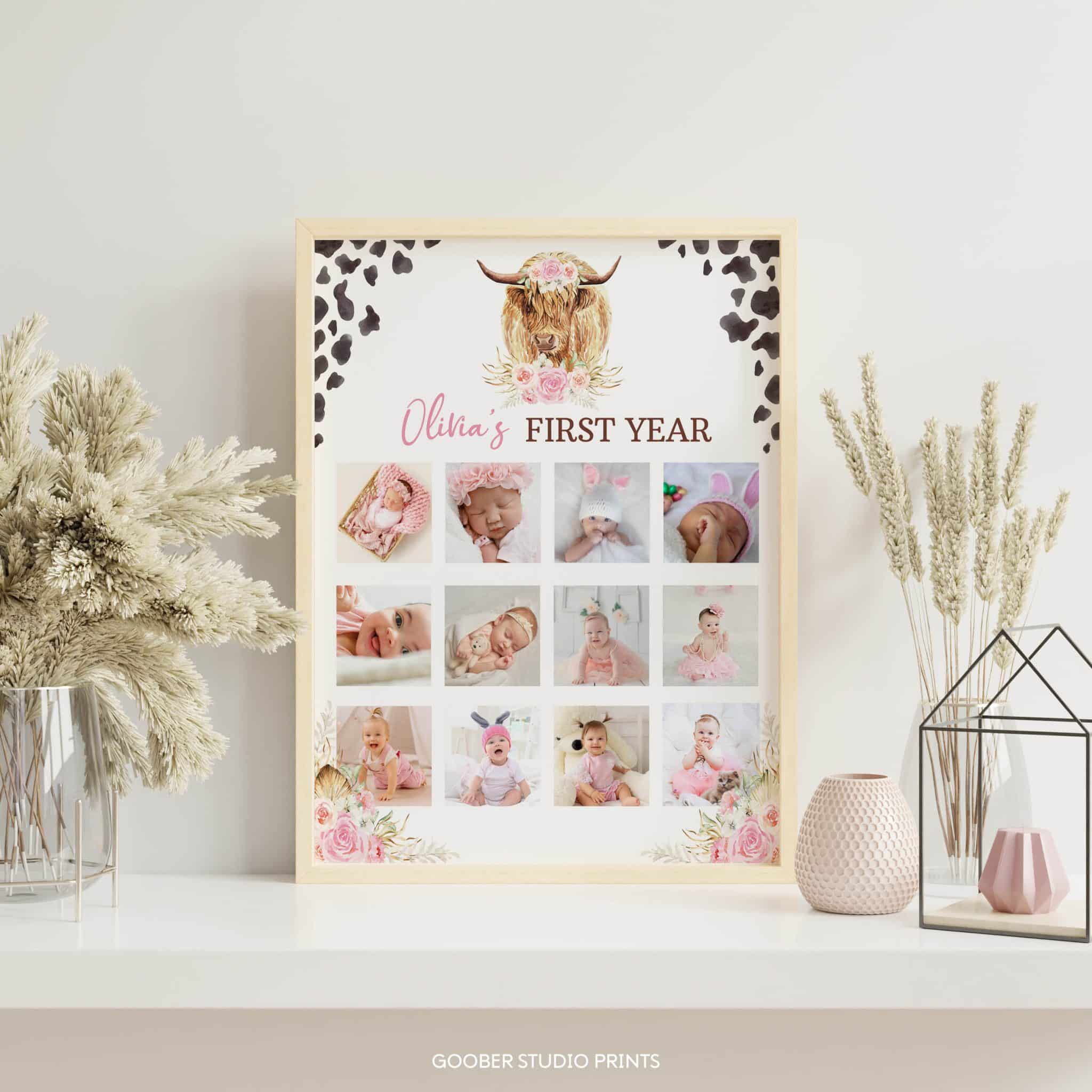 Highland Cow Birthday Milestone Photo Collage - Goober Studio Prints