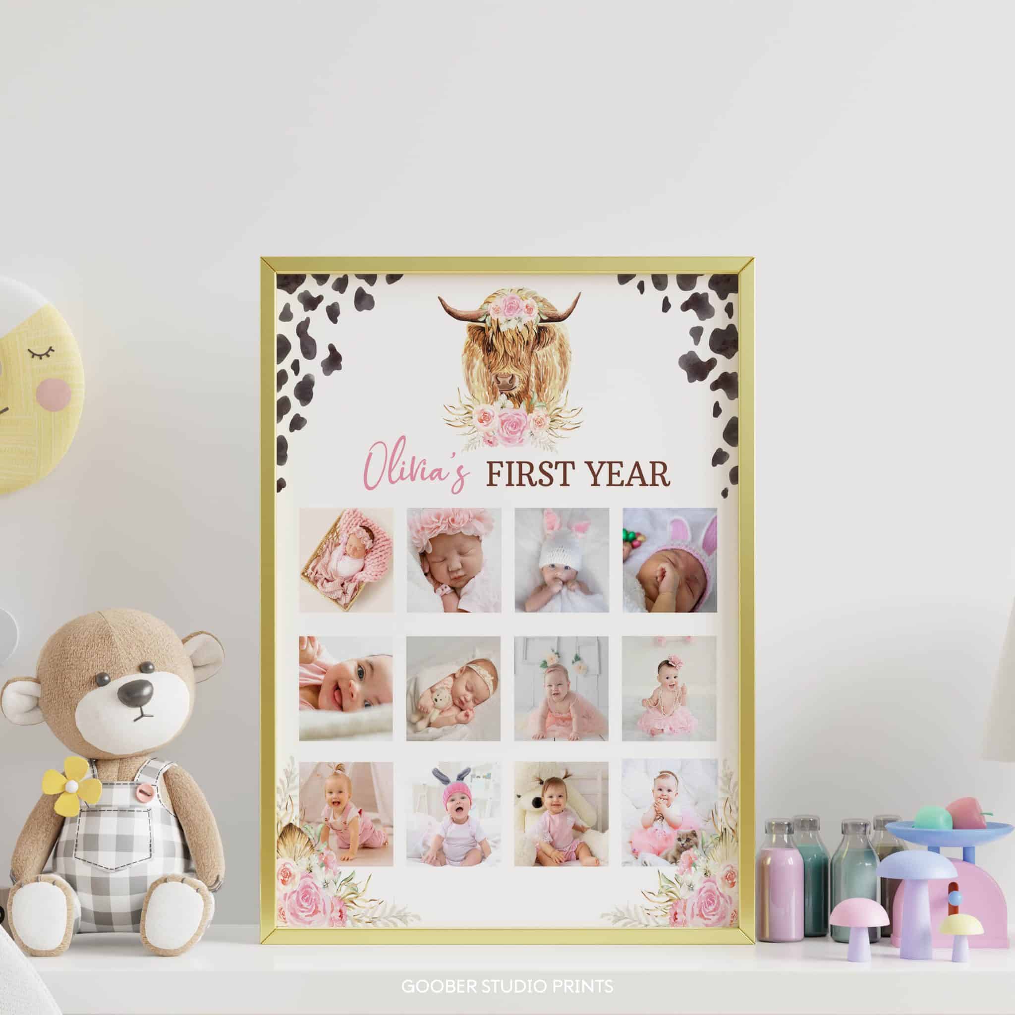 Highland Cow Birthday Milestone Photo Collage - Goober Studio Prints