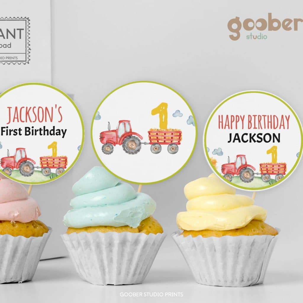 Tractor Birthday Party Cupcake Toppers - Goober Studio Prints