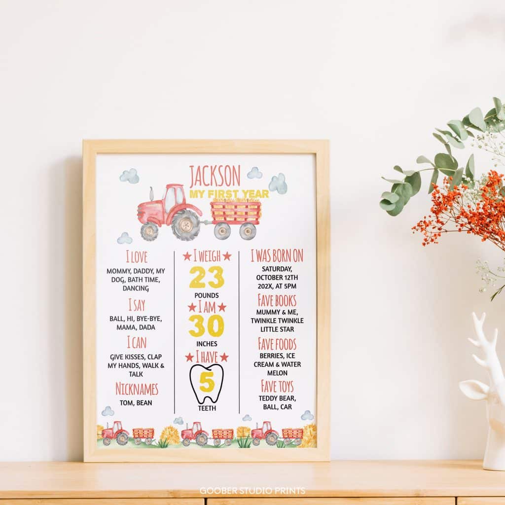 Tractor 1st Birthday Milestone Poster - Goober Studio Prints