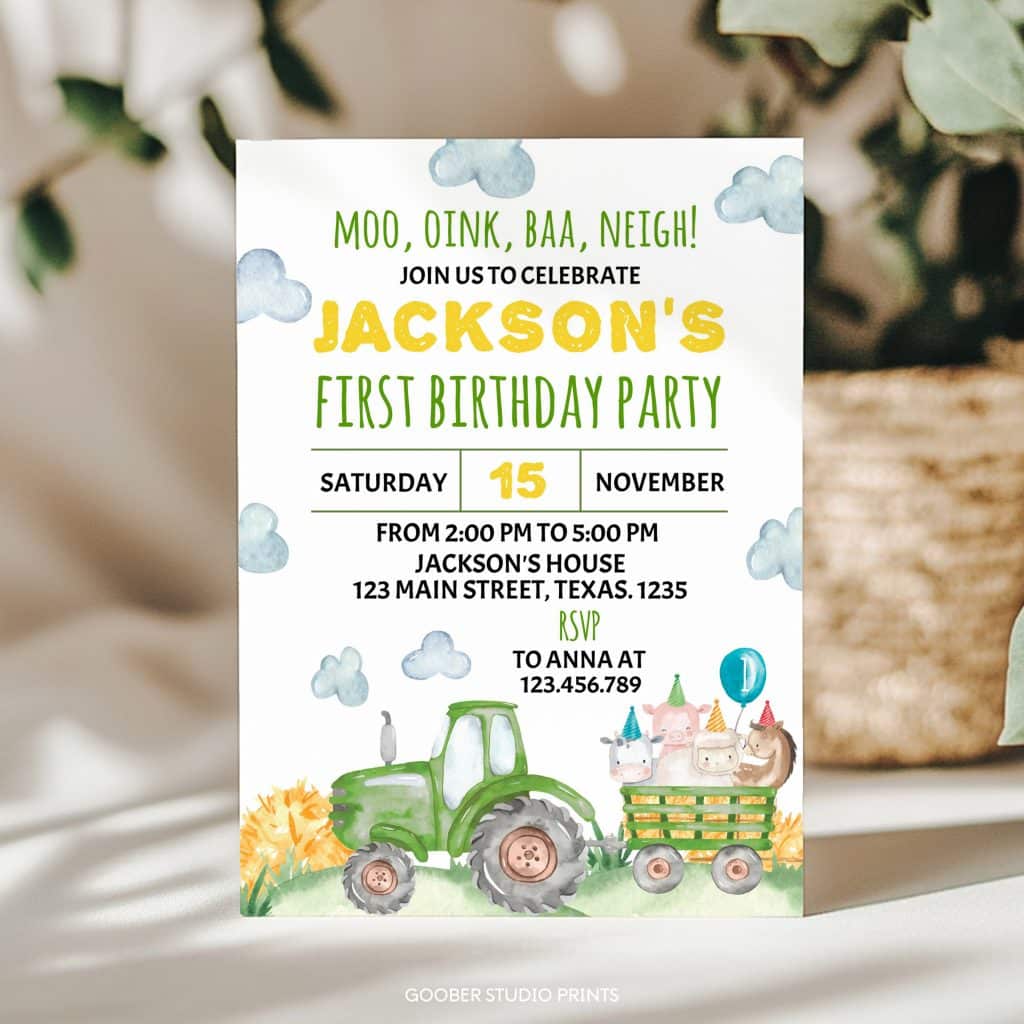 Tractor 1st Birthday Party Invitation - Goober Studio Prints