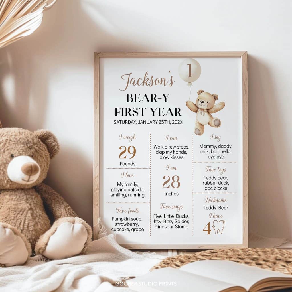 Beary First Birthday Milestone Poster - Goober Studio Prints