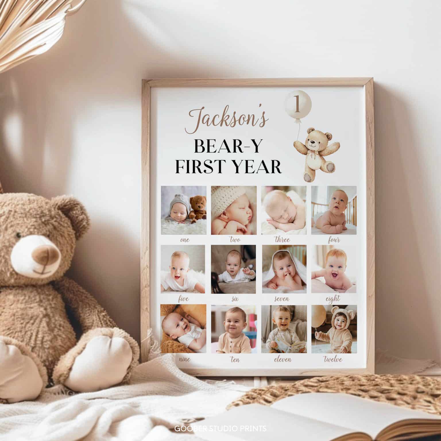 Beary First Birthday Milestone Photo Collage - Goober Studio Prints