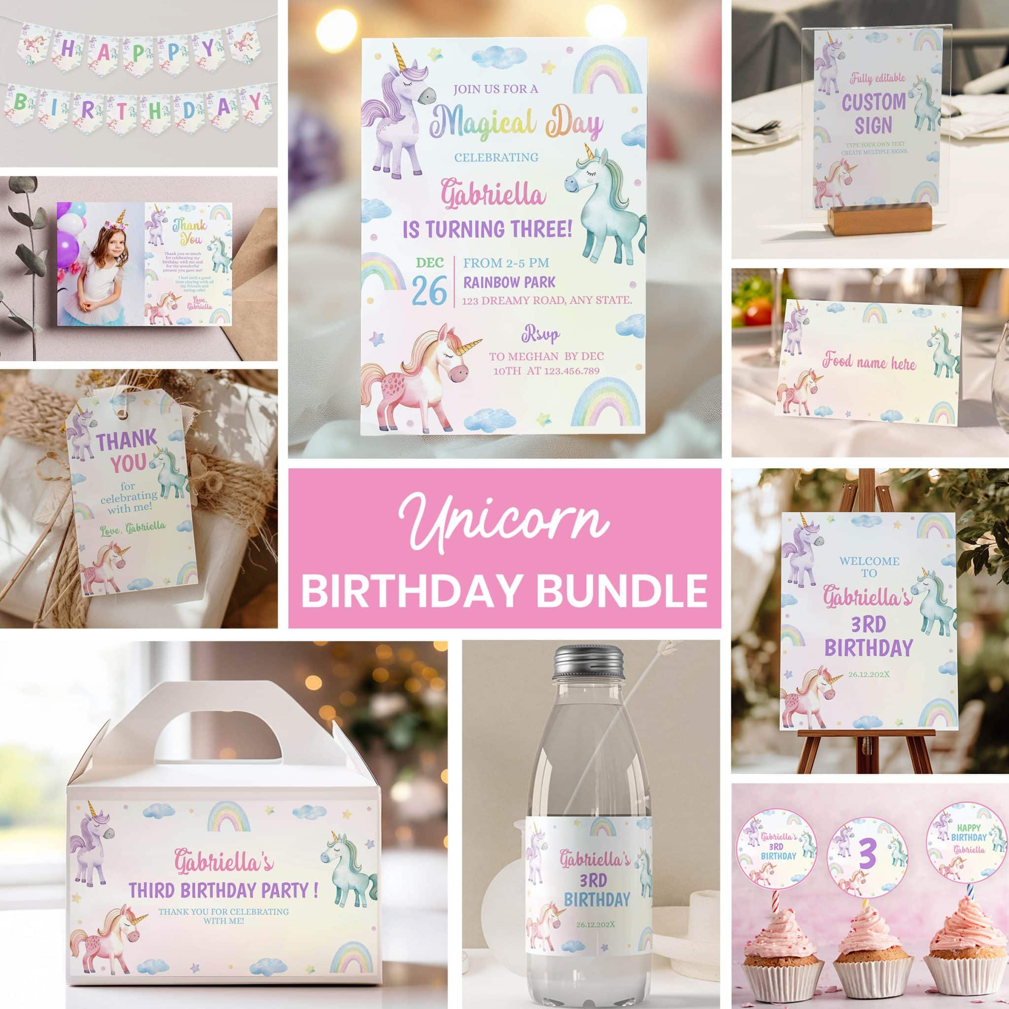 Unicorn Birthday Party Invitation Bundle - Goober Studio Prints