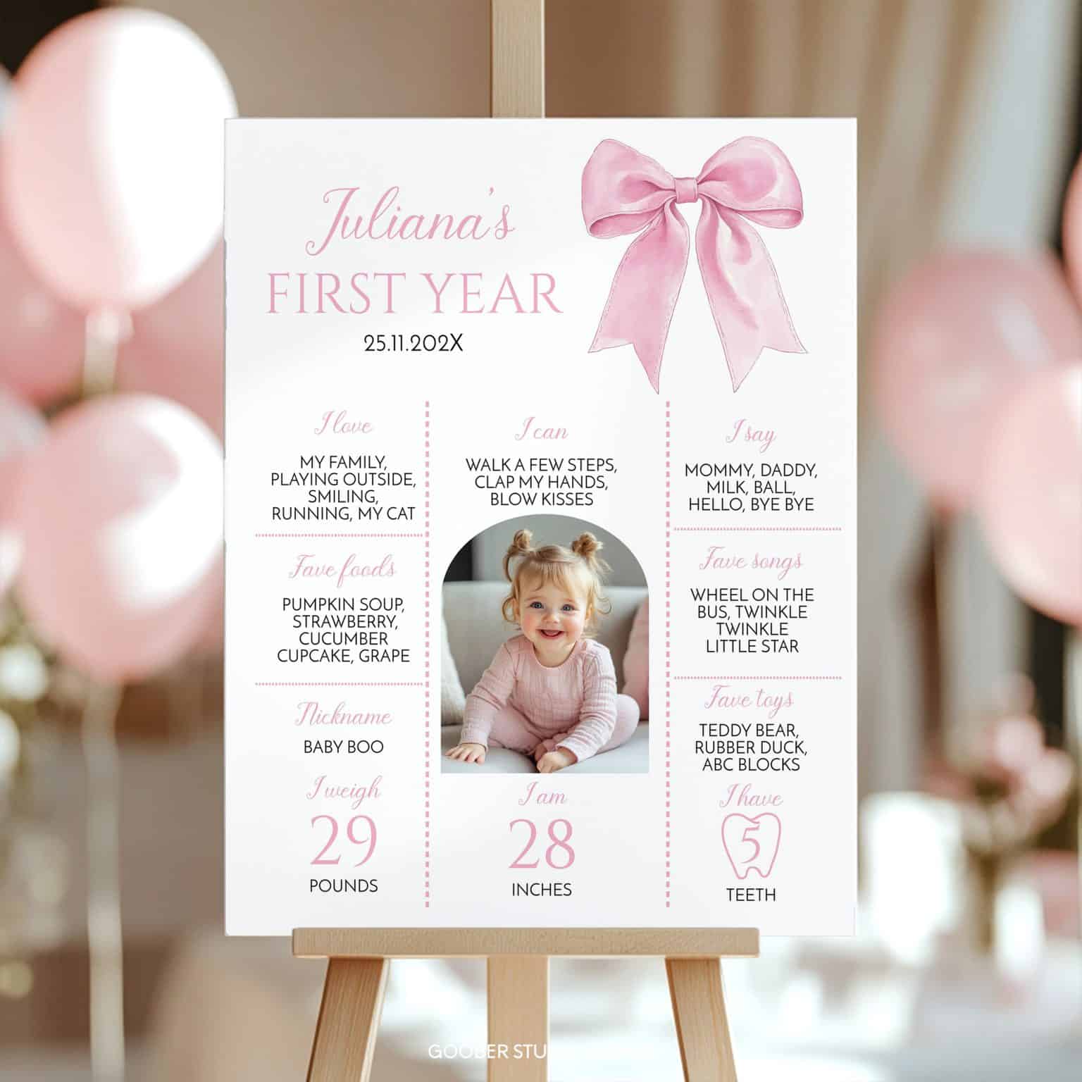Pink Bow Coquette Birthday Milestone Photo Poster - Goober Studio Prints
