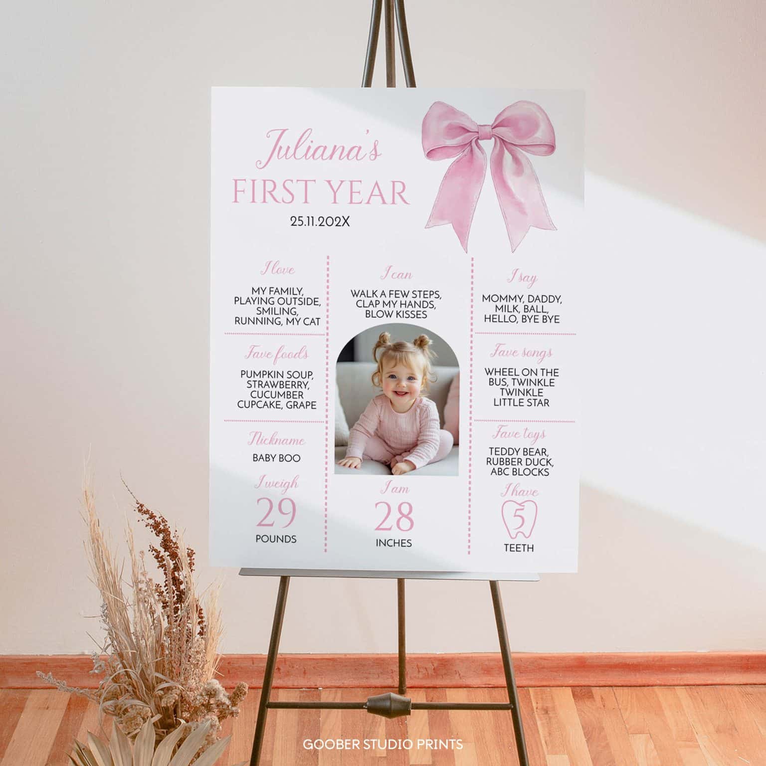 Pink Bow Coquette Birthday Milestone Photo Poster - Goober Studio Prints
