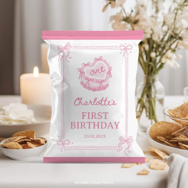 Pink Bow Birthday Chip Bags - Goober Studio Prints