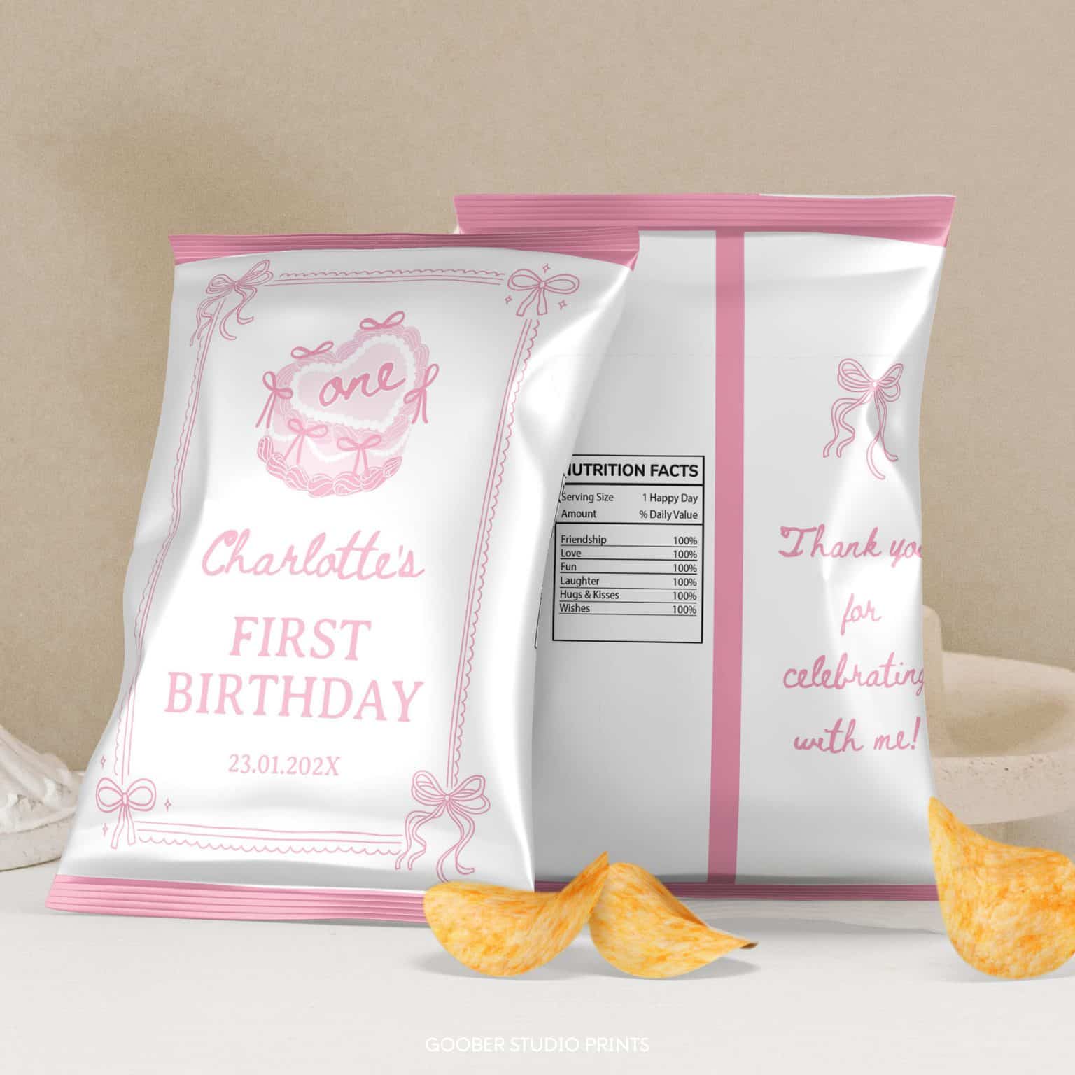 Pink Bow Birthday Chip Bags - Goober Studio Prints