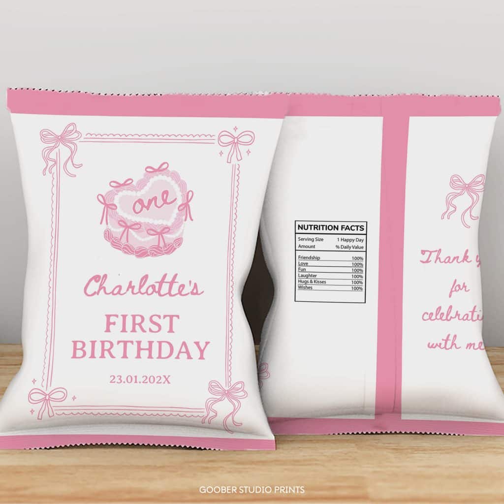Pink Bow Birthday Chip Bags - Goober Studio Prints
