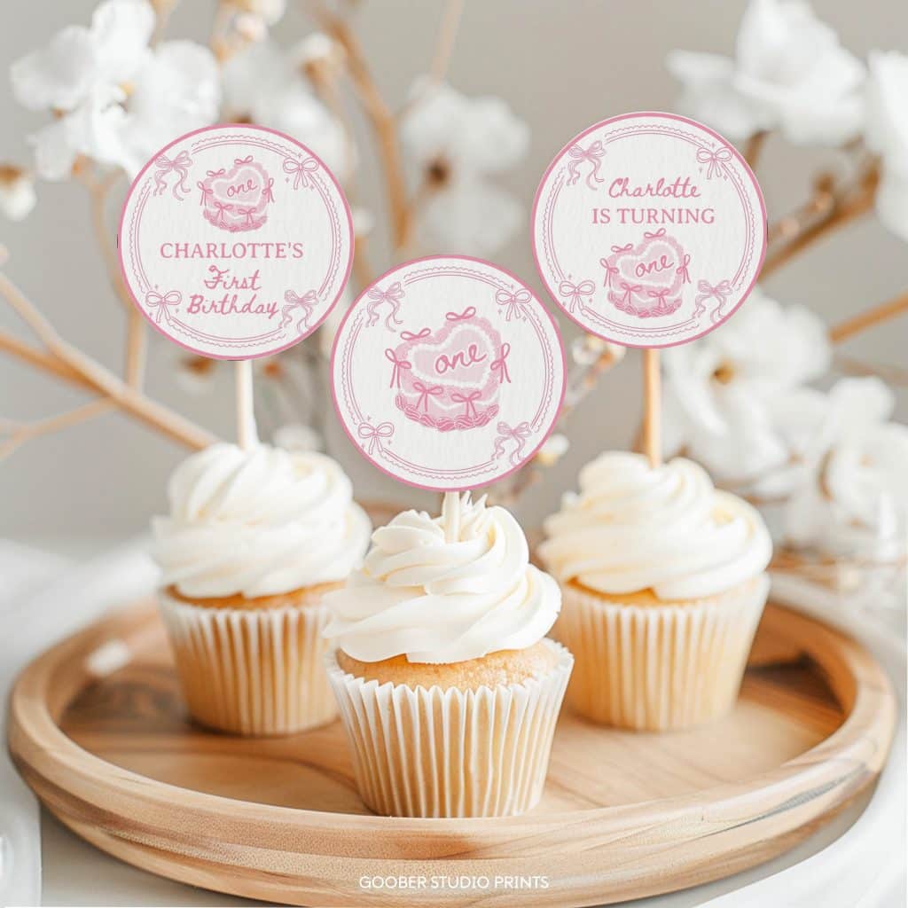 Pink Bow Birthday Cupcake Toppers - Goober Studio Prints