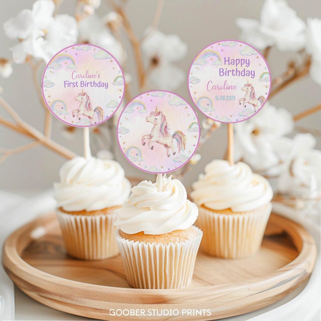 Unicorn Birthday Cupcake Toppers - Goober Studio Prints