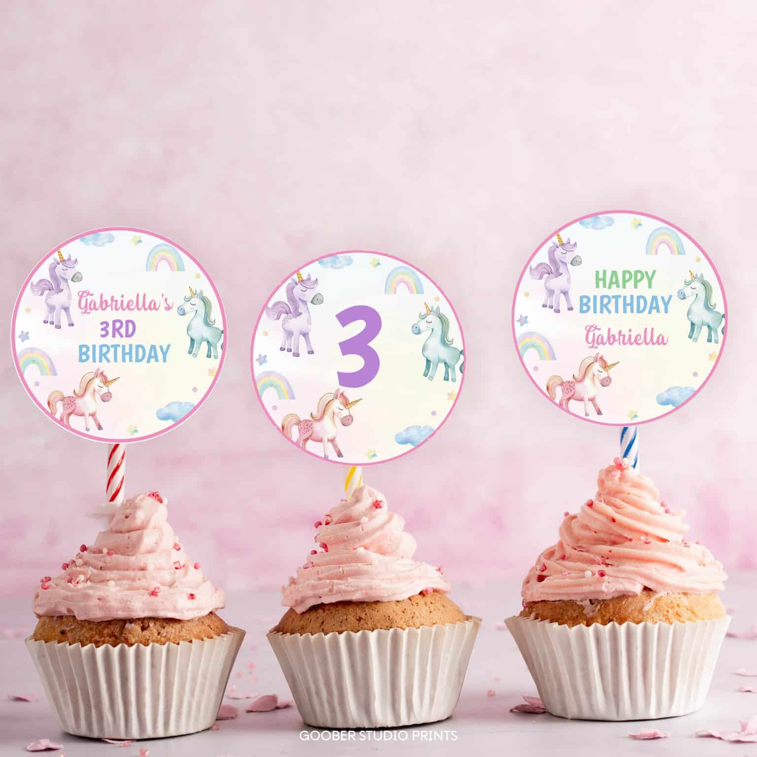 Unicorn Birthday Party Cupcake Toppers - Goober Studio Prints
