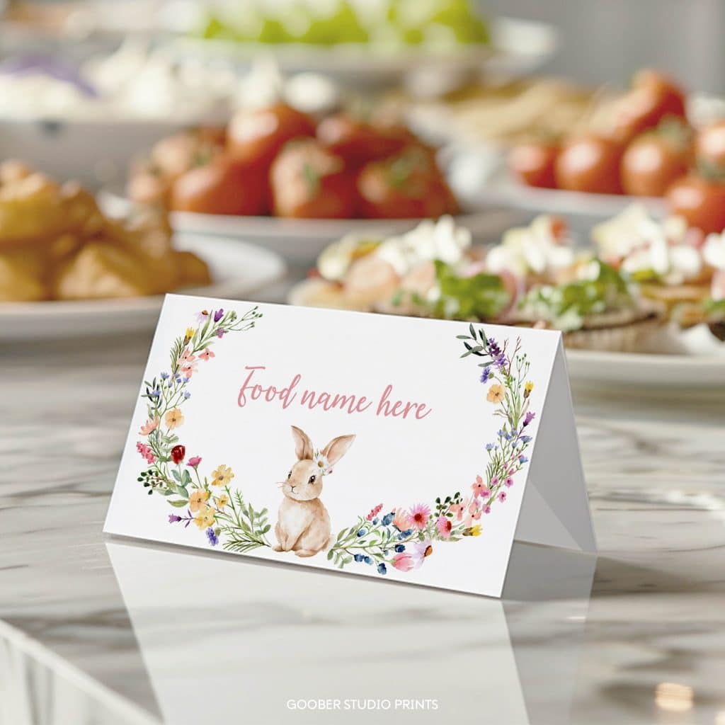 Bunny Floral Birthday Food Tent Cards - Goober Studio Prints
